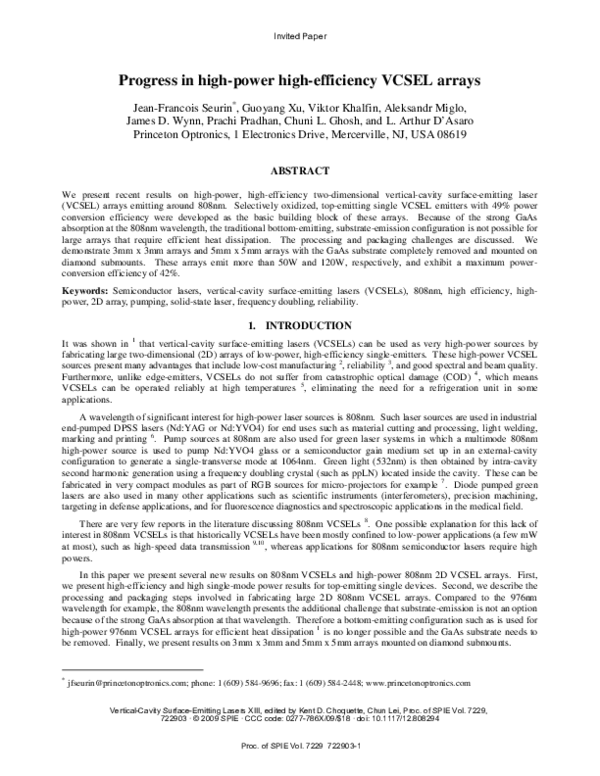 (PDF) Progress in high-power high-efficiency VCSEL arrays