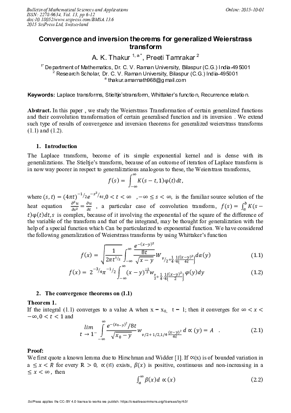 (PDF) Convergence and Inversion Theorems for Generalized Weierstrass Transform
