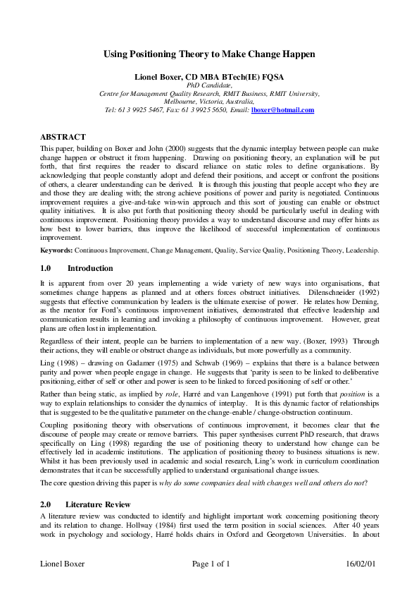 (PDF) Using Positioning Theory to Make Change Happen