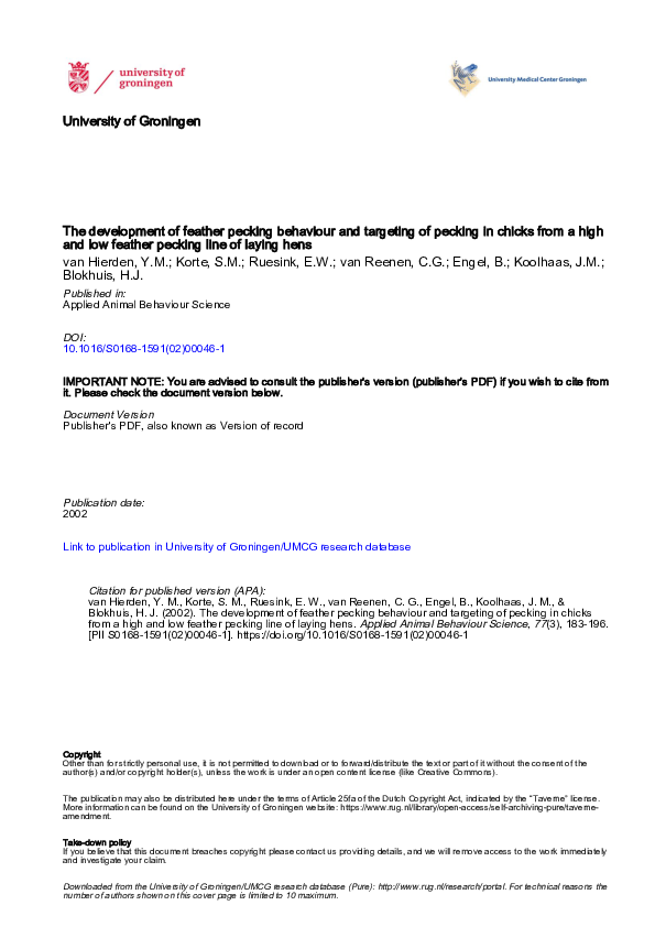 (PDF) The development of feather pecking behaviour and targeting of ...