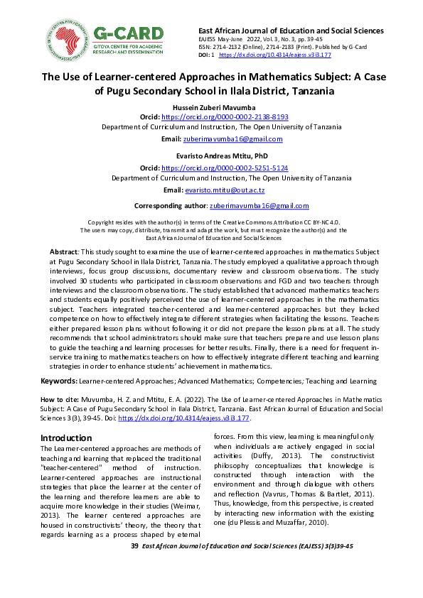 (PDF) The Use of Learner-centered Approaches in Mathematics Subject: A ...