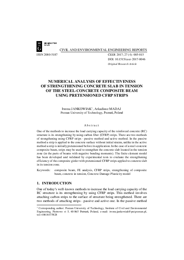 Pdf Numerical Analysis Of Effectiveness Of Strengthening Concrete Slab In Tension Of The Steel
