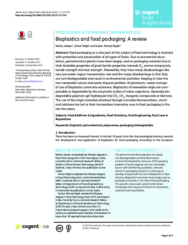 (PDF) Bioplastics and food packaging: A review