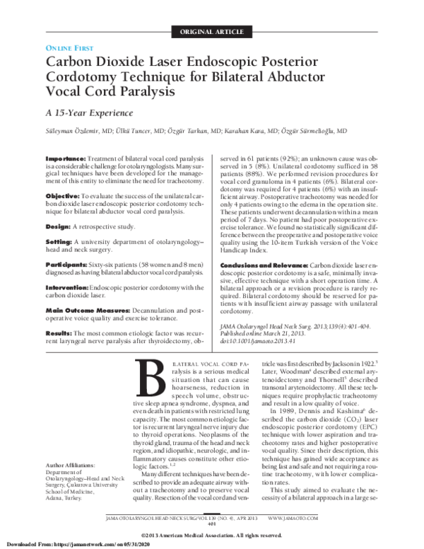 (PDF) Carbon Dioxide Laser Endoscopic Posterior Cordotomy Technique for ...