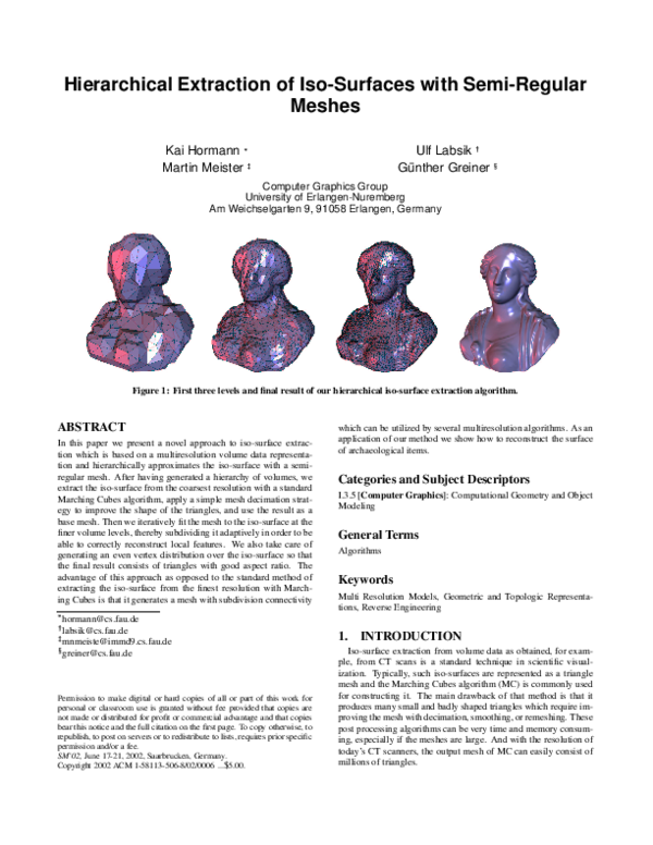 Pdf Hierarchical Extraction Of Iso Surfaces With Semi Regular Meshes