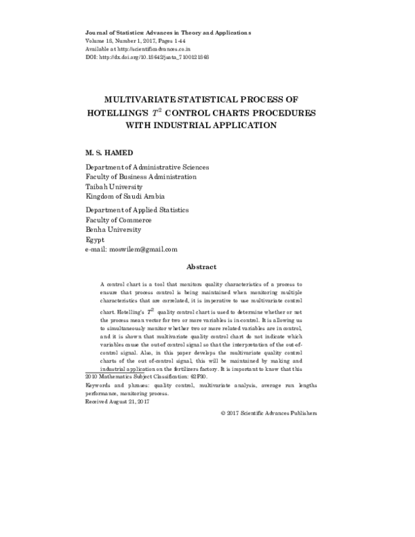 Pdf Multivariate Statistical Process Of Hotellings T2 Control Charts Procedures With