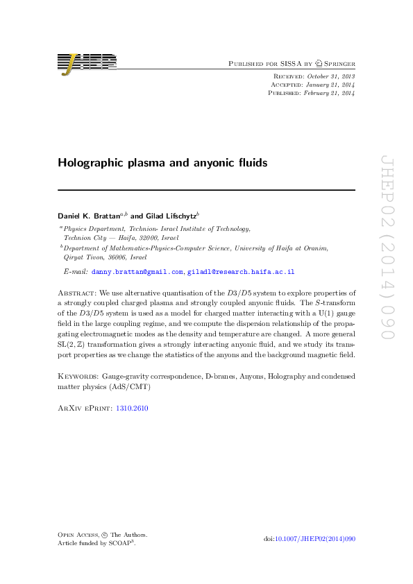 (PDF) Holographic plasma and anyonic fluids