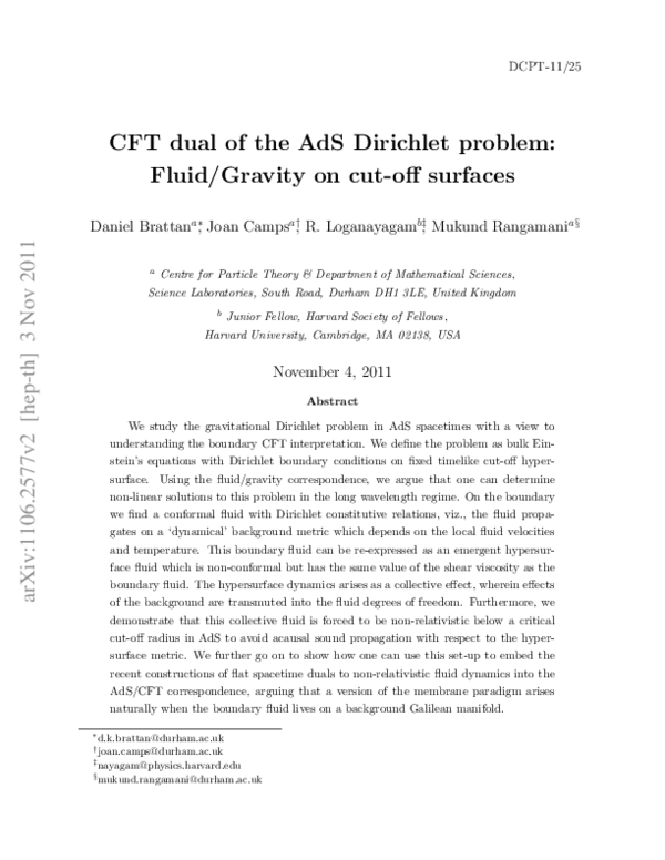 (PDF) CFT dual of the AdS Dirichlet problem: fluid/gravity on cut-off surfaces