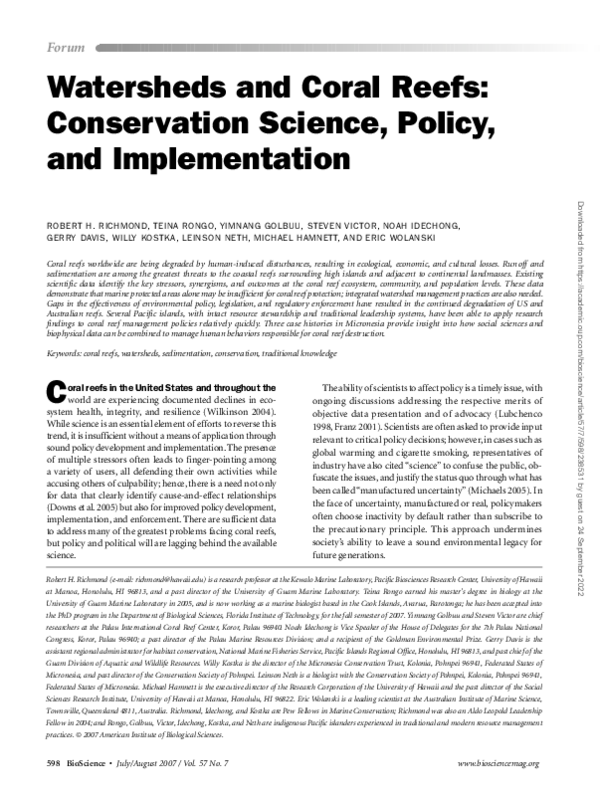 (PDF) Watersheds and Coral Reefs: Conservation Science, Policy, and ...