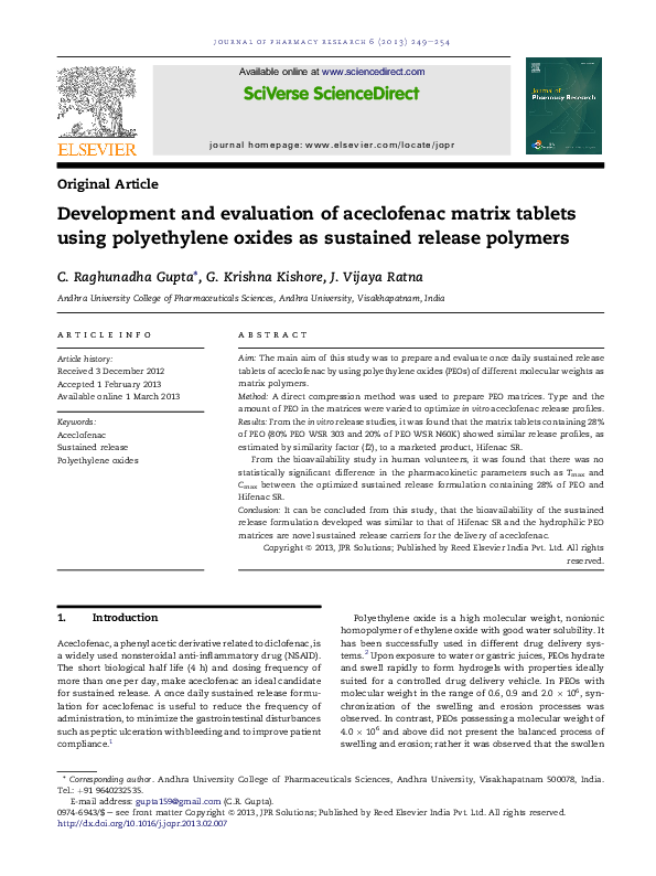 Pdf Development And Evaluation Of Aceclofenac Matrix Tablets Using Polyethylene Oxides As