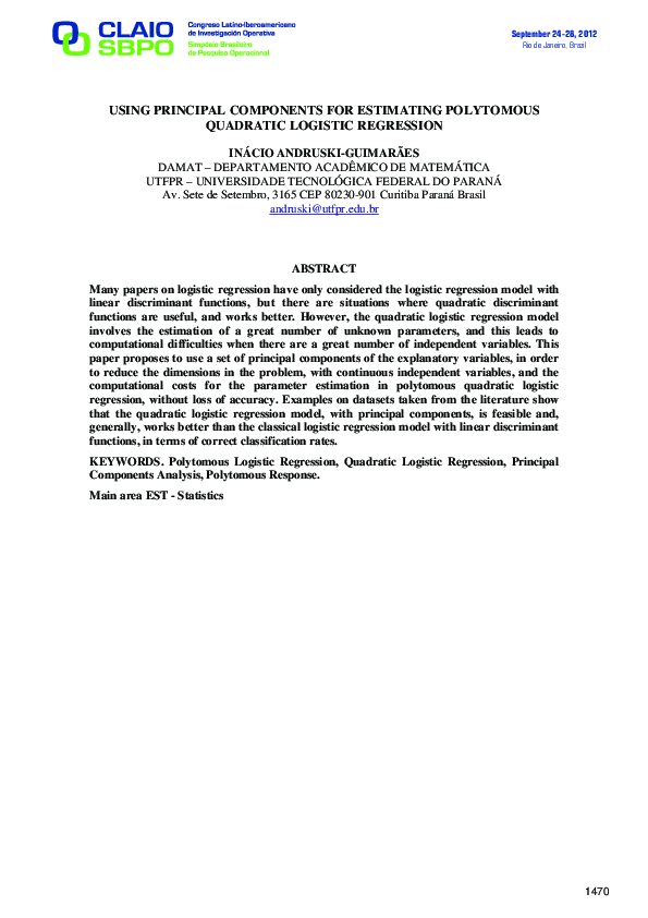 (PDF) Using Principal Components for Estimating Polytomous Quadratic Logistic Regression
