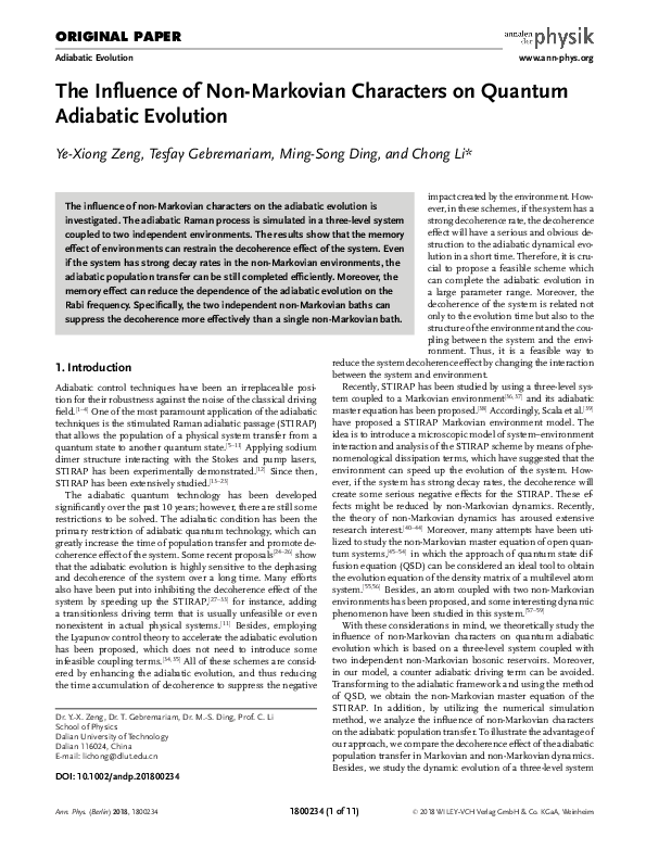 (PDF) The Influence of Non-Markovian Characters on Quantum Adiabatic Evolution | Ye-Xiong Zeng ...