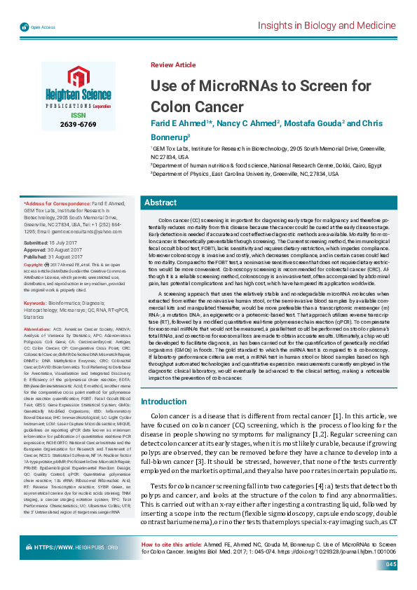 (PDF) Use of MicroRNAs to Screen for Colon Cancer