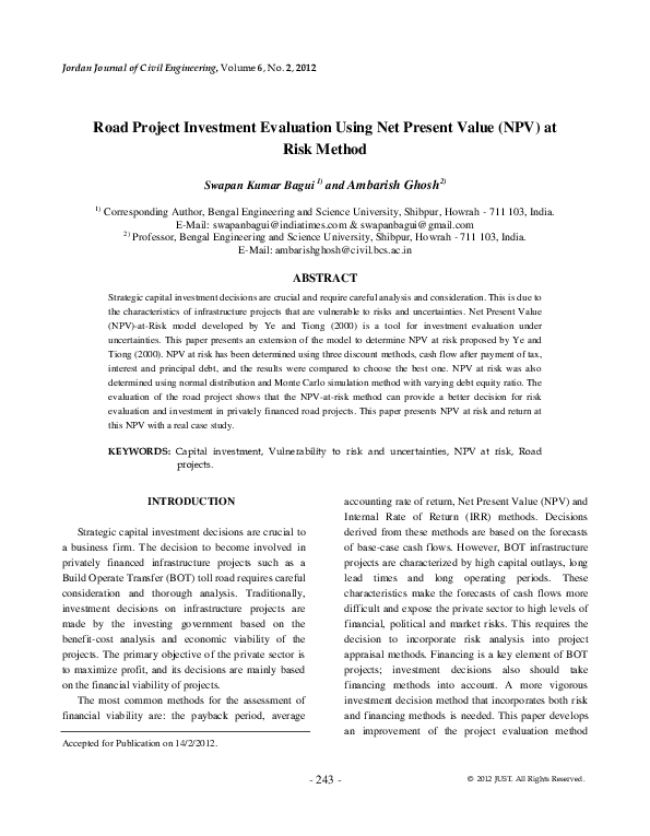 (PDF) Road Project Investment Evaluation Using Net Present Value (NPV) at Risk Method