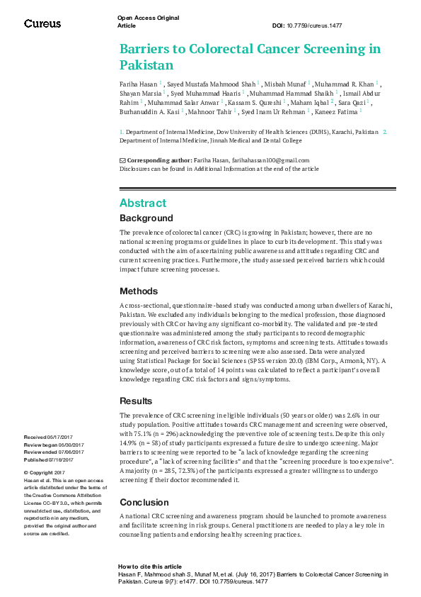(PDF) Barriers to Colorectal Cancer Screening in Pakistan