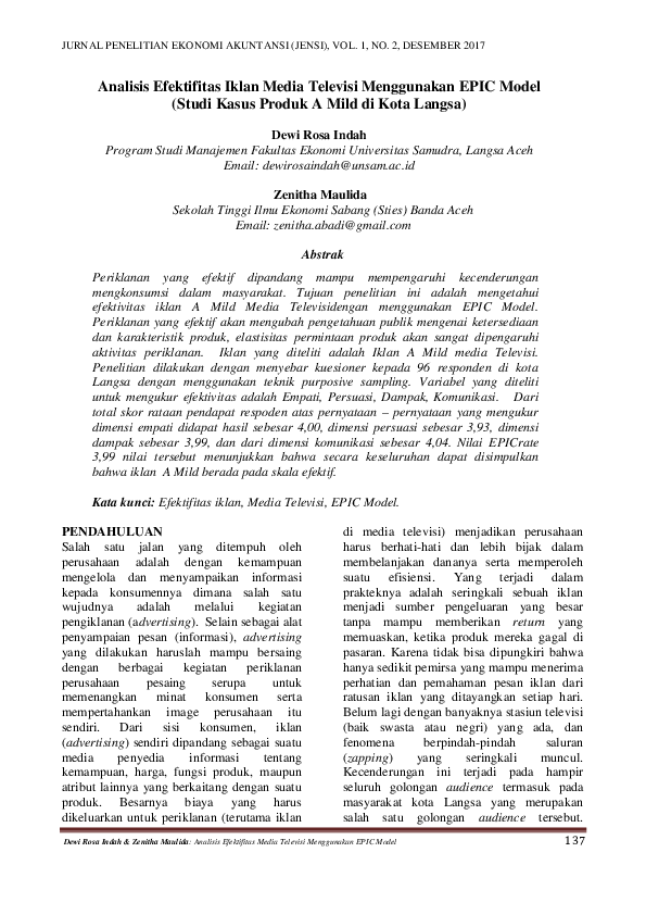 (PDF) Analisis Efektifitas Iklan Media Televisi Menggunakan EPIC Model (Studi Kasus Produk A ...