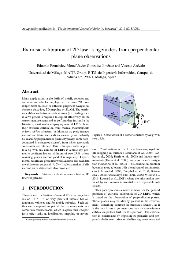 Pdf Extrinsic Calibration Of 2d Laser Rangefinders From Perpendicular Plane Observations