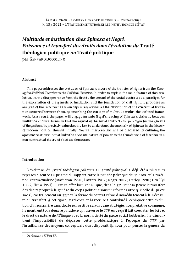 (PDF) Multitude et Institution chez Spinoza et Negri. Puissance et ...