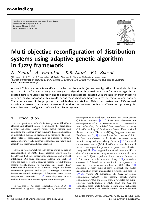 (PDF) Multi-objective reconfiguration of distribution systems using adaptive genetic algorithm ...