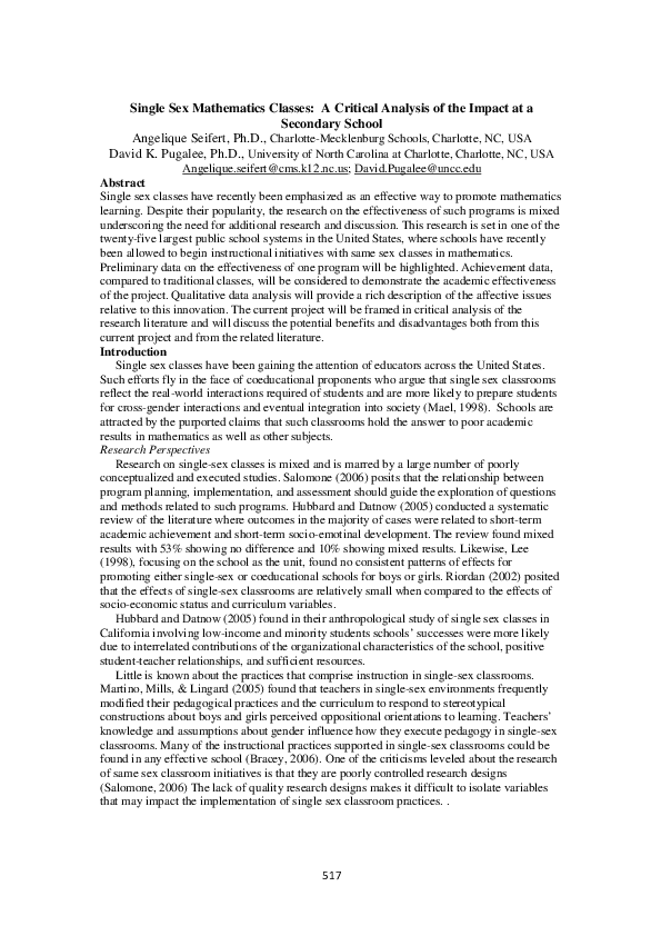 Pdf Single Sex Mathematics Classes A Critical Analysis Of The Impact