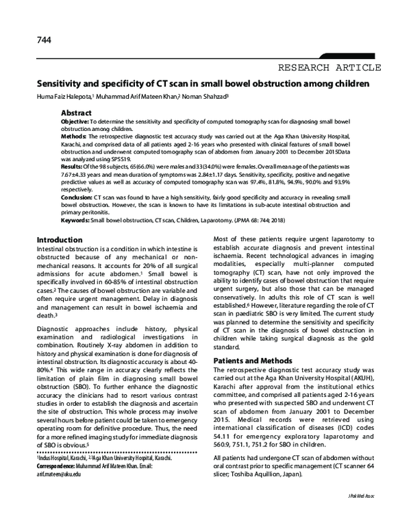 (PDF) Sensitivity and specificity of CT scan in small bowel obstruction ...