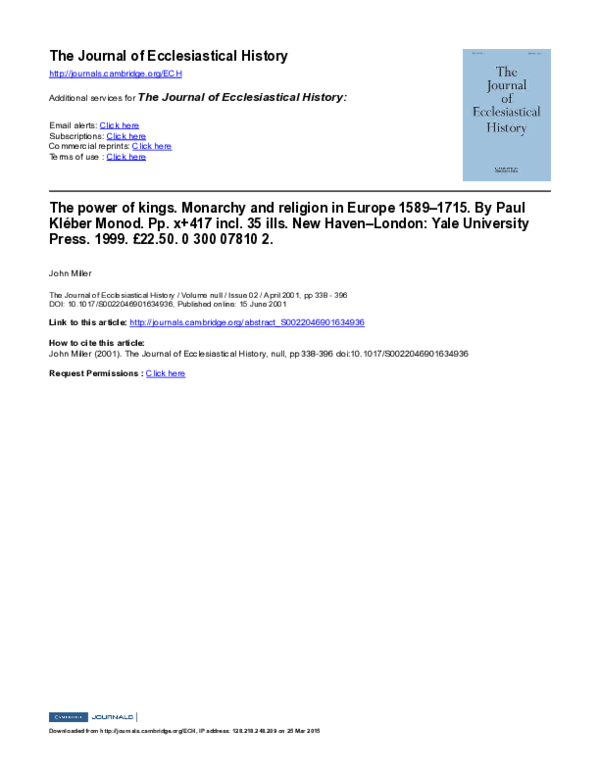 (PDF) The Power of Kings: Monarchy and Religion in Europe, 1589-1715