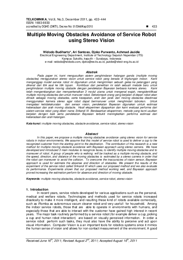 (PDF) Multiple Moving Obstacles Avoidance of Service Robot using Stereo Vision