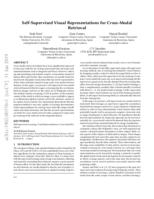 (PDF) Self-Supervised Visual Representations for Cross-Modal Retrieval