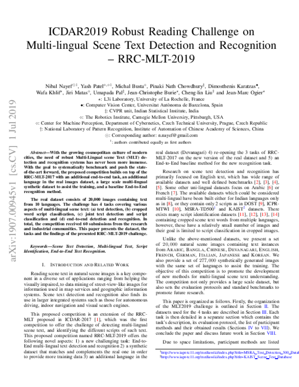 (PDF) ICDAR2019 Robust Reading Challenge on Multi-lingual Scene Text Detection and Recognition ...
