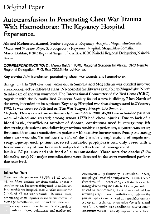 (PDF) Autotransfusion in penetrating chest war trauma with haemothorax ...