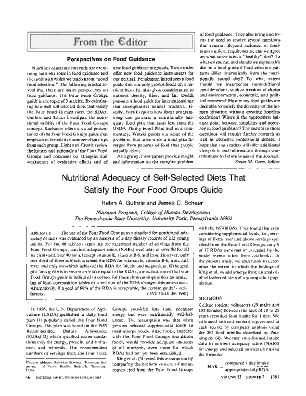 (PDF) Nutritional adequacy of self-selected diets that satisfy the four ...