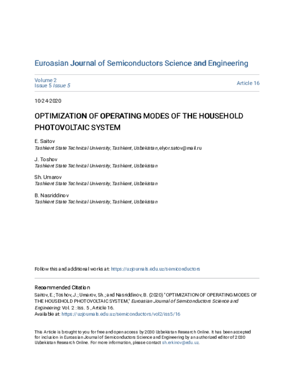 (PDF) Optimization of Operating Modes of the Household Photovoltaic System