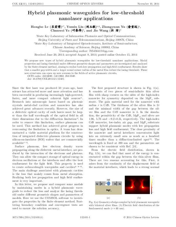 (PDF) Hybrid plasmonic waveguides for low-threshold nanolaser applications