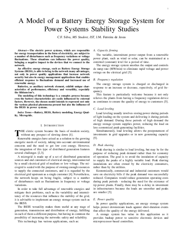 (PDF) A Model of a Battery Energy Storage System for Power Systems ...