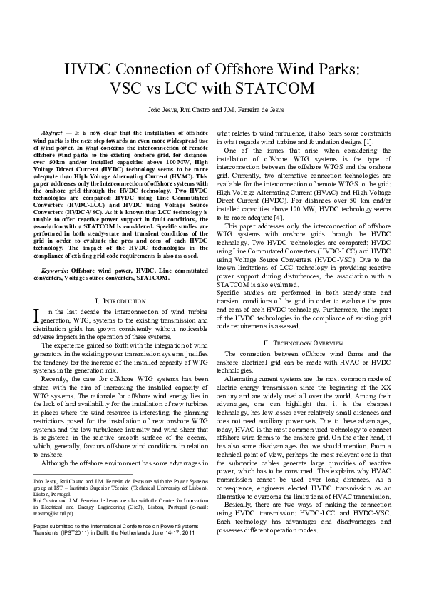 (PDF) HVDC connection of offshore wind parks: VSC vs LCC with STATCOM