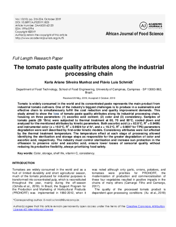 (PDF) The tomato paste quality attributes along the industrial ...
