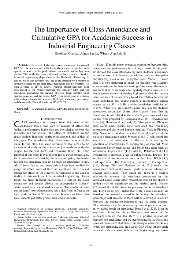(PDF) The Importance of Class Attendance and Cumulative GPA for ...