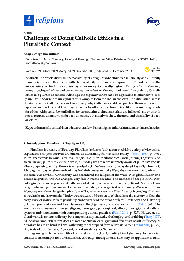 (PDF) Challenge of Doing Catholic Ethics in a Pluralistic Context