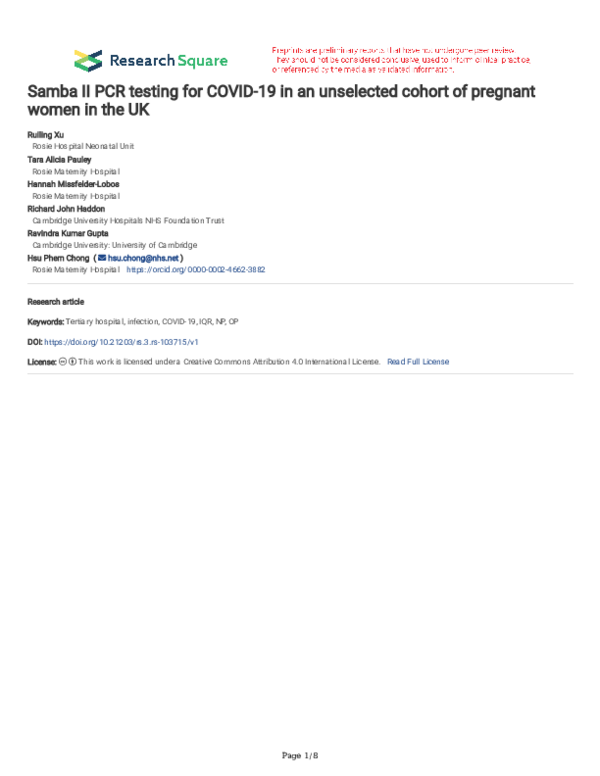 Samba II PCR testing for COVID-19 in an unselected cohort of pregnant ...