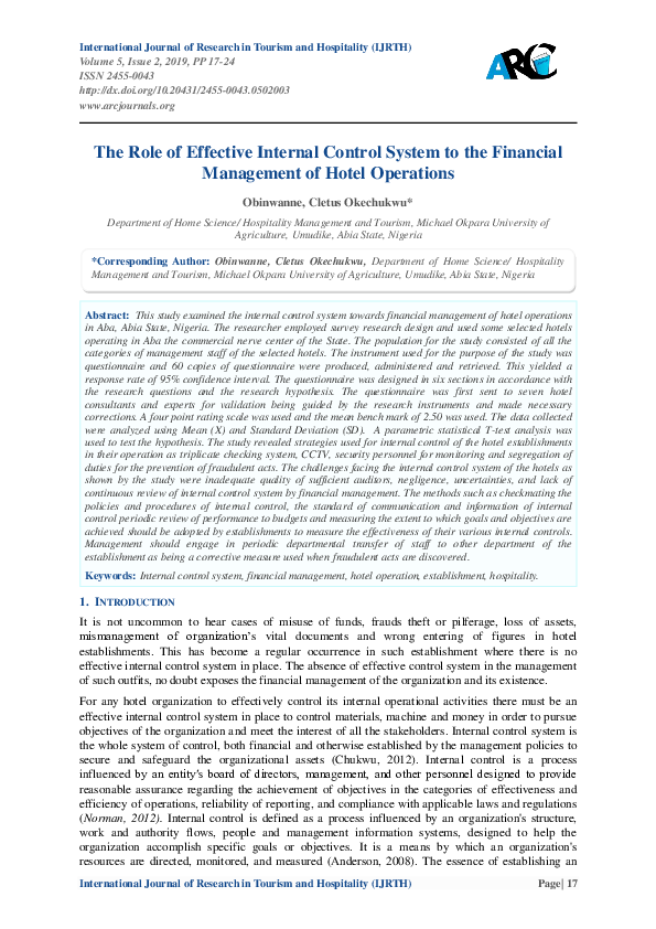 (PDF) The Role of Effective Internal Control System to the Financial Management of Hotel Operations