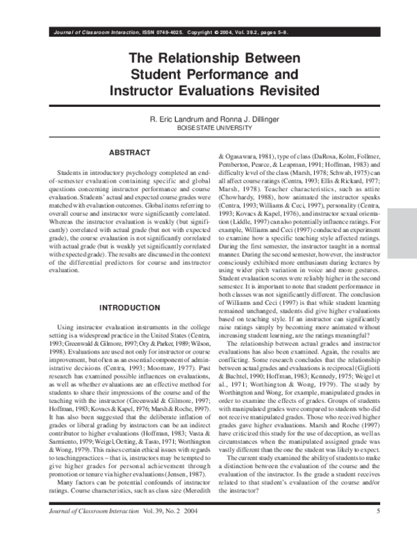 (PDF) The Relationship Between Student Performance and Instructor Evaluations Revisited