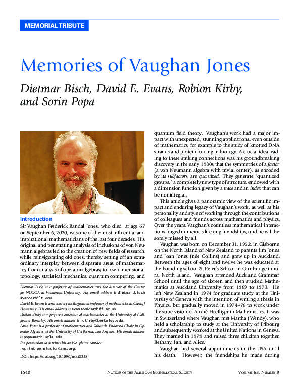 (PDF) Memories of Vaughan Jones