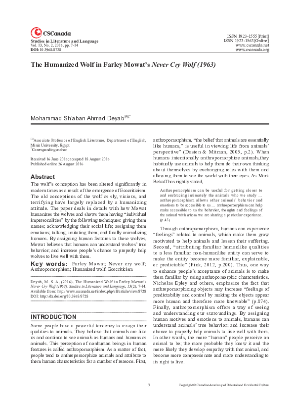 (PDF) The Humanized Wolf in Farley Mowat’s Never Cry Wolf (1963)