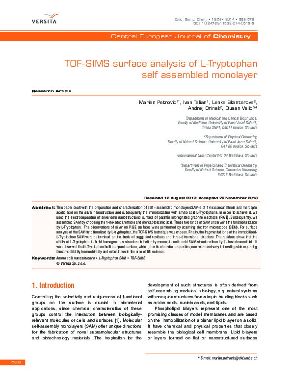 (PDF) TOF-SIMS surface analysis of L-Tryptophan self assembled monolayer