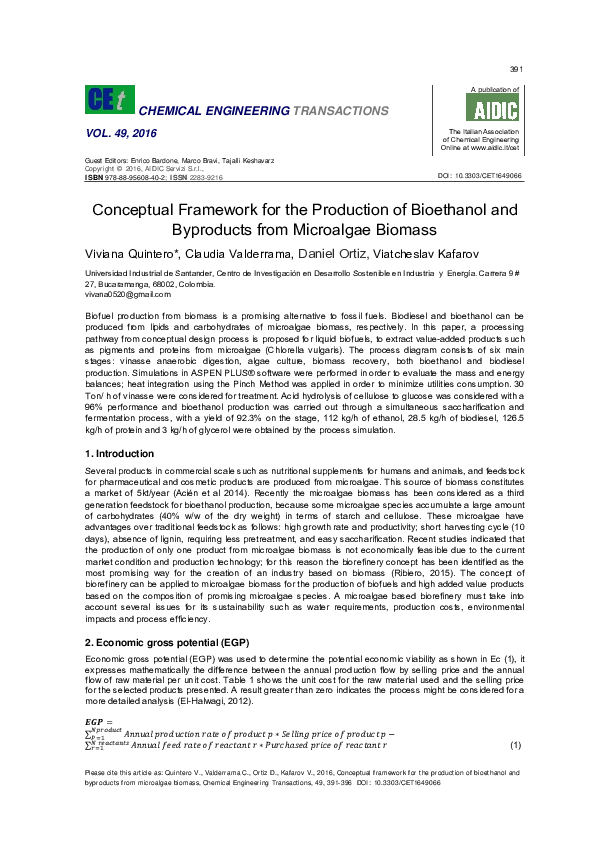 (PDF) Conceptual Framework for the Production of Bioethanol and Byproducts from Microalgae Biomass