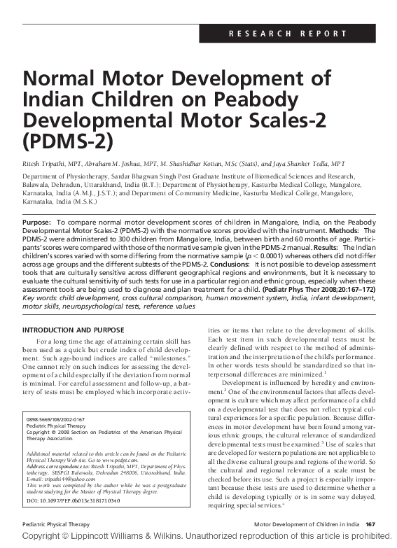 (PDF) Normal Motor Development of Indian Children on Peabody Developmental Motor Scales-2 (PDMS-2)