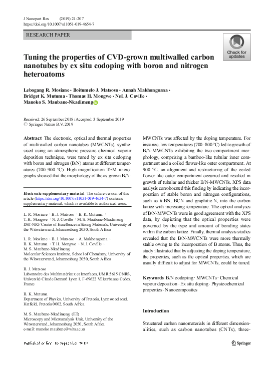 (PDF) Tuning the properties of CVD-grown multiwalled carbon nanotubes by ex situ codoping with ...