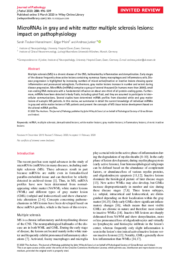 (PDF) MicroRNAs in gray and white matter multiple sclerosis lesions ...