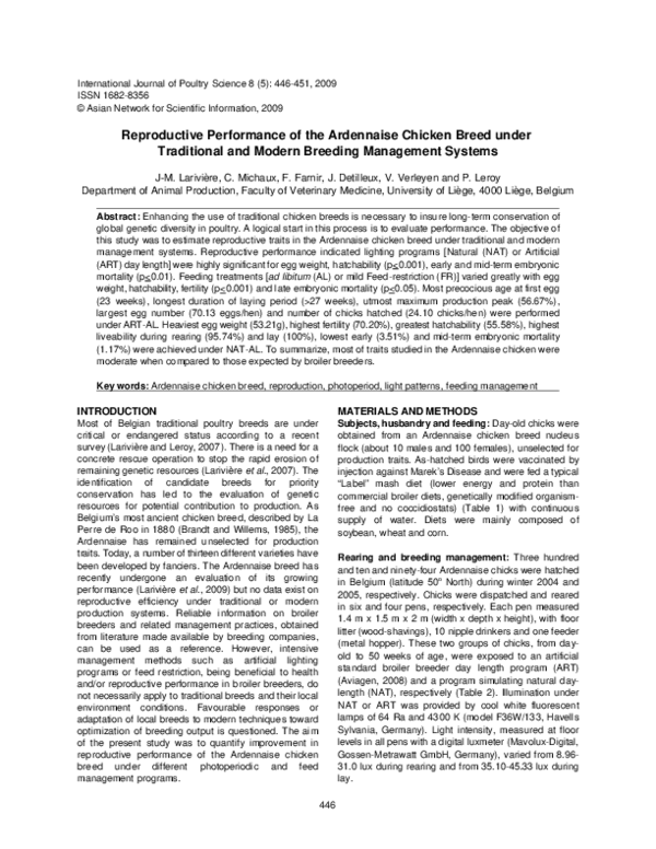 (PDF) Reproductive Performance of the Ardennaise Chicken Breed under Traditional and Modern ...