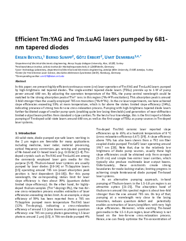 (PDF) Efficient Tm:YAG and Tm:LuAG lasers pumped by 681 nm tapered diodes